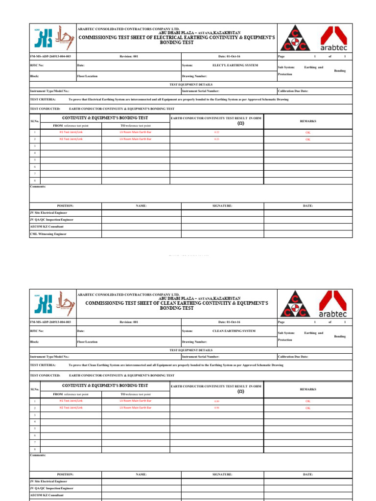 Earth Continuity & Bonding of Equipments Test Sheet | PDF | Electricity ...