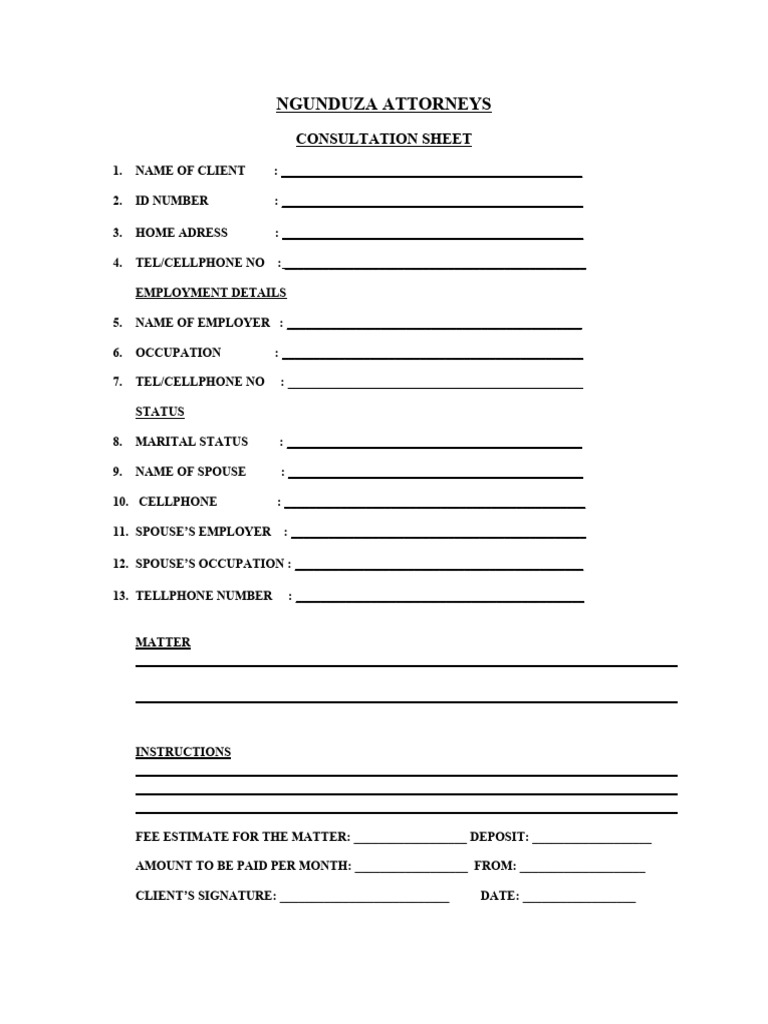 NGUNDUZA ATTORNEYS Consultation Sheet | PDF