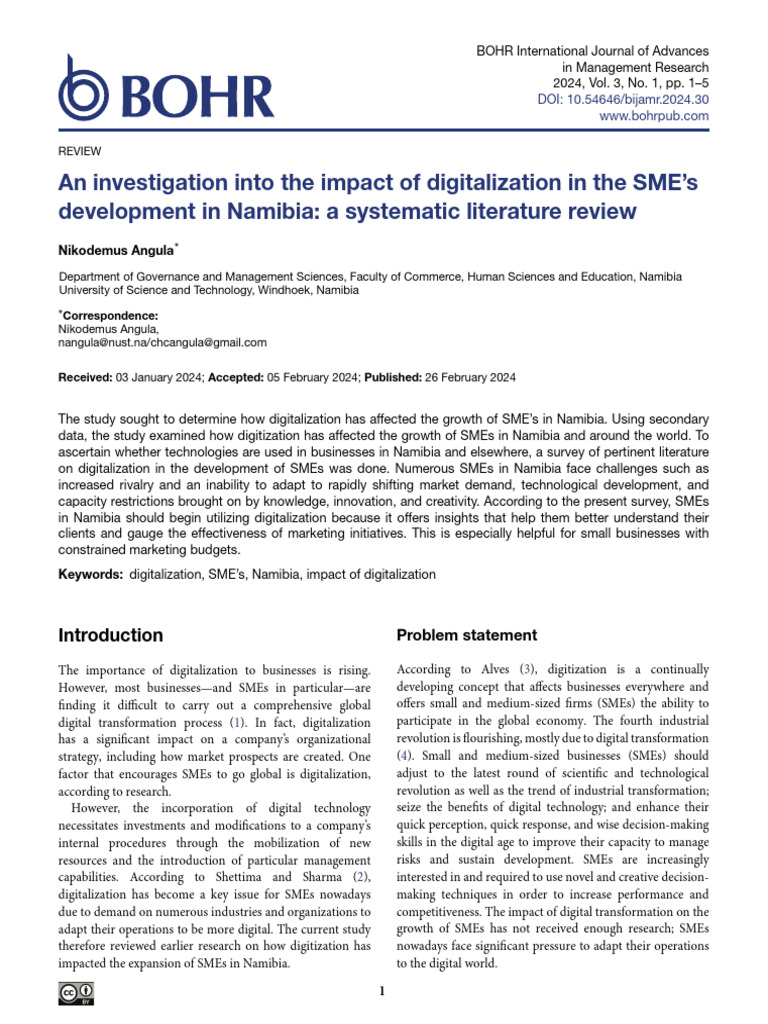 An Investigation Into The Impact of Digitalization in The SME's Development in Namibia: A ...