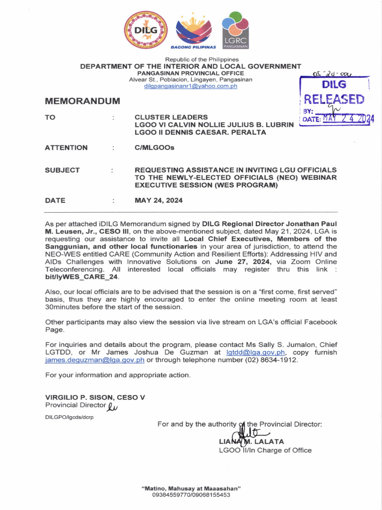 Request For Assistance in Inviting LGU Officials To The NEO-WES Program ...