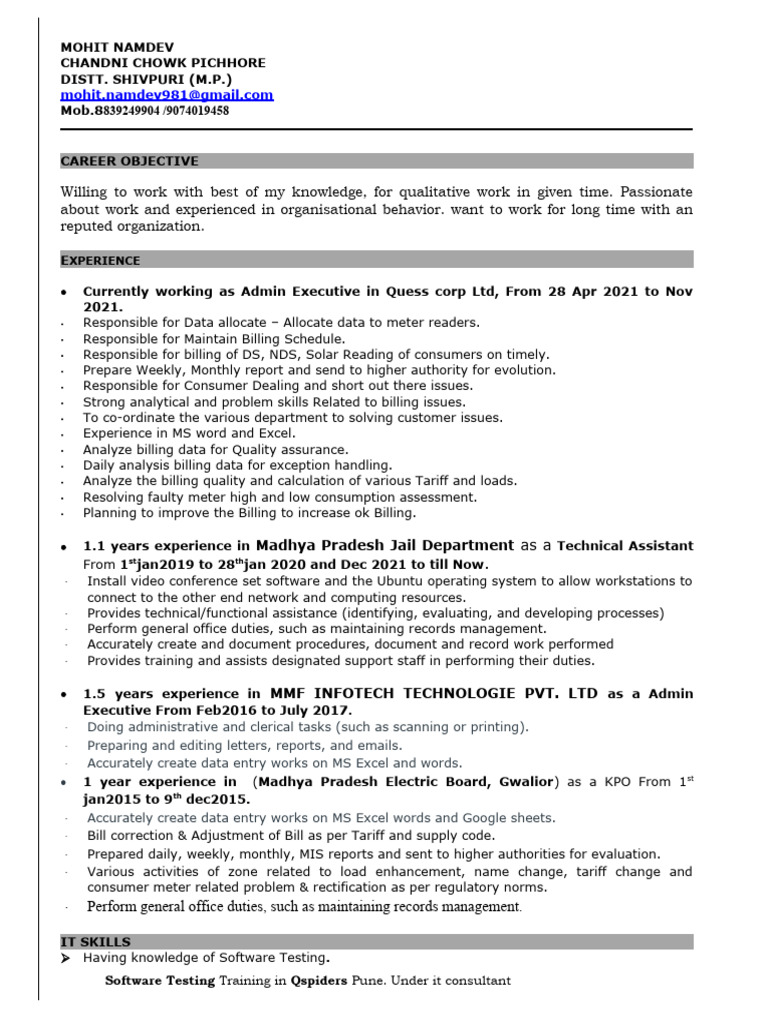 Mohit Namdev - Admin Executive Resume | PDF | Computing