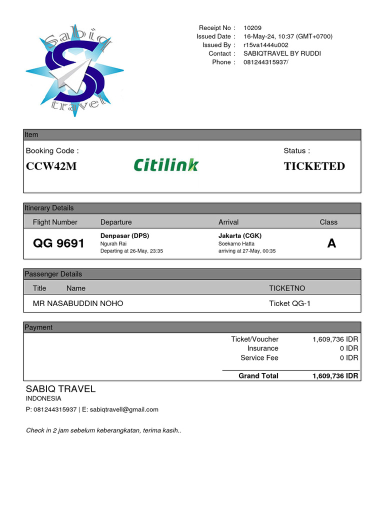 Flight Booking Receipt for QG 9691 | PDF