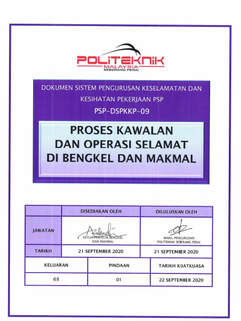 Proses Kawalan Dan Operasi Selamat Di Bengkel Dan Makmal | PDF