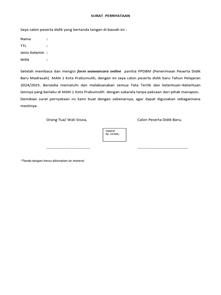 Surat Pernyataan Siswa Baru PPDB TP 2024-2025 | PDF