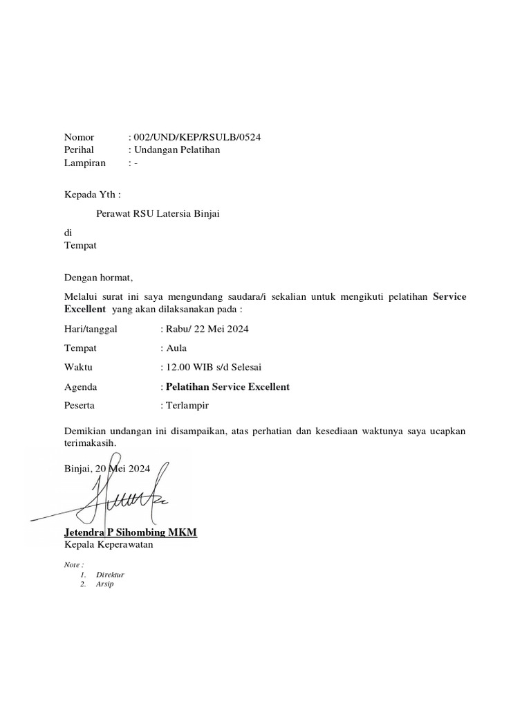 Undangan Pelatihan Service Exelence | PDF