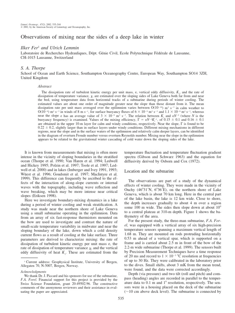 Observations of Mixing Near The Sides of A Deep Lake in Winter - Ilker ...