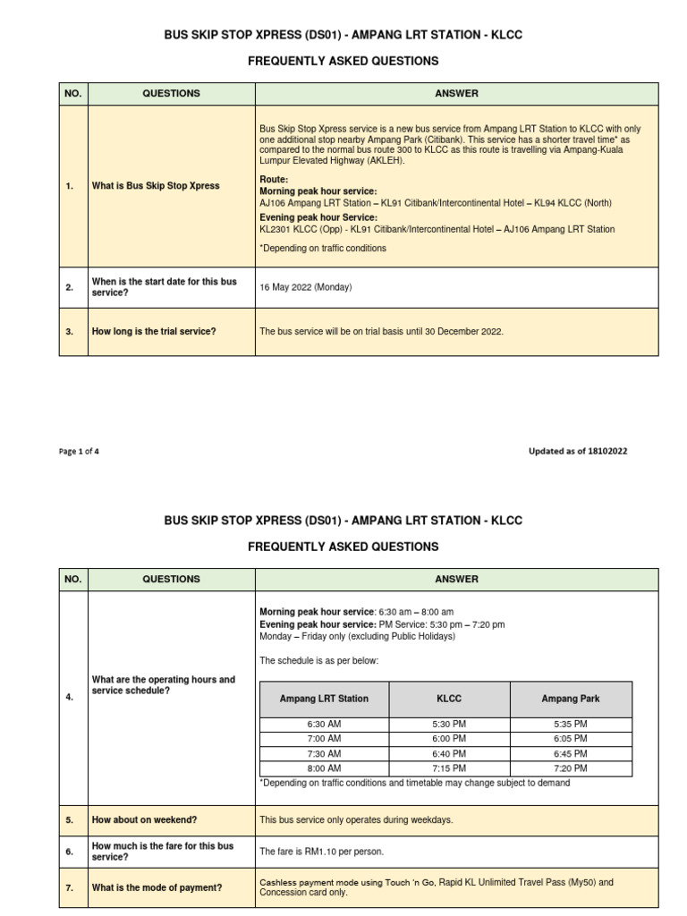 Bus Skip Stop Xpress FAQs: Ampang to KLCC | PDF | Land Transport ...