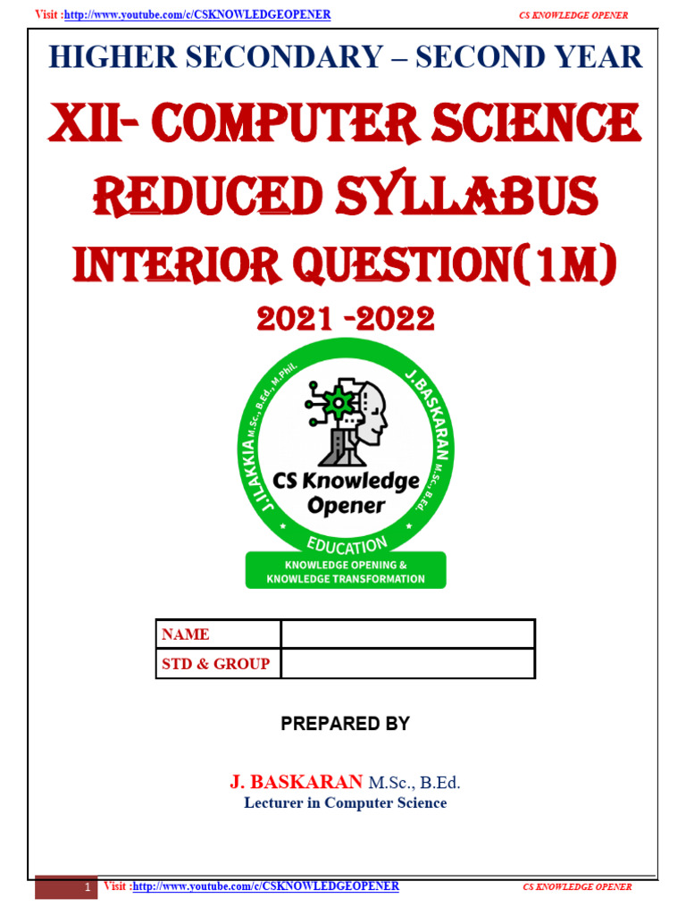 Xii - CS RS Interior One Mark Question 2021-2022 | PDF | Parameter (Computer Programming ...
