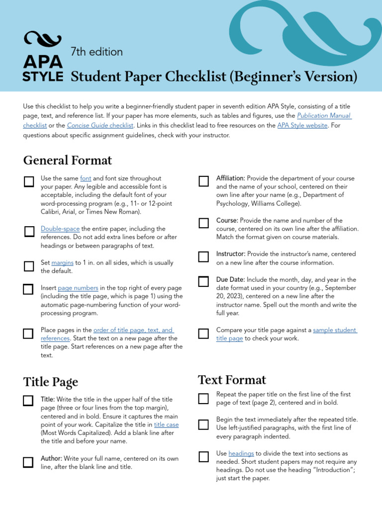 Beginner Student Paper Checklist | PDF | Apa Style | Citation