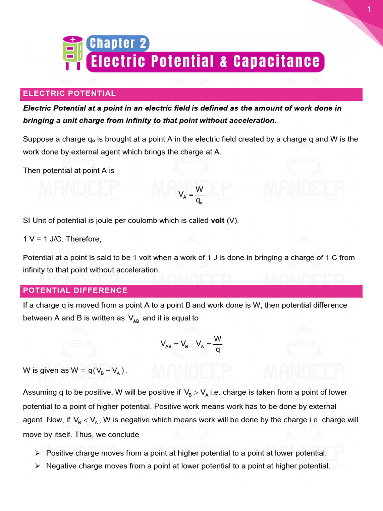 Potential-and-capacitance-notes | PDF | Electrostatics | Voltage
