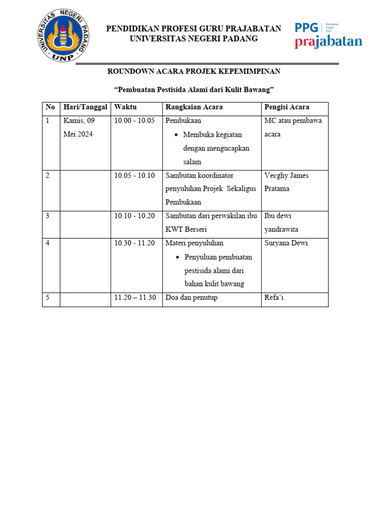 Roundown Acara Projek Kepemimpinan Peskuba | PDF