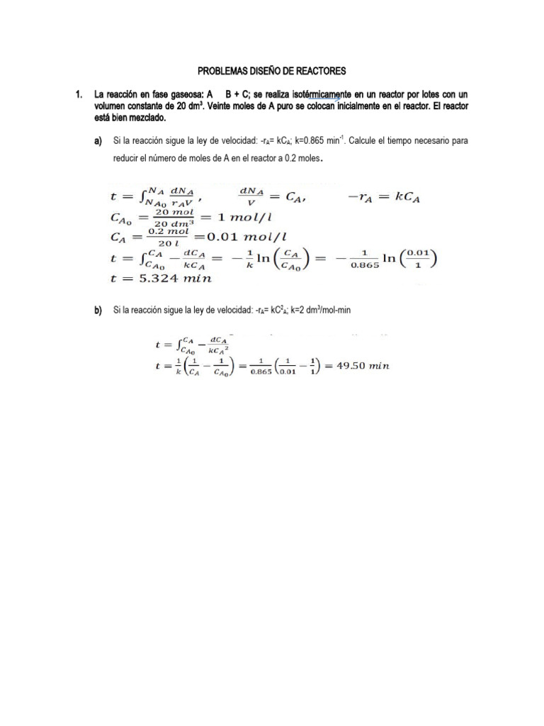Problemas Diseño de Reactores | PDF | Reactor Quimico | Cinética química