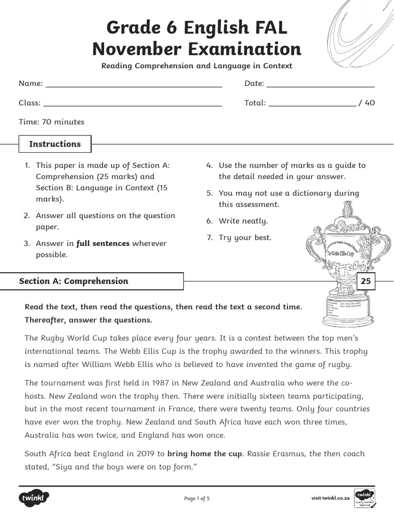Grade 6 English Fal Examination November - Ver - 2 | PDF | South Africa ...