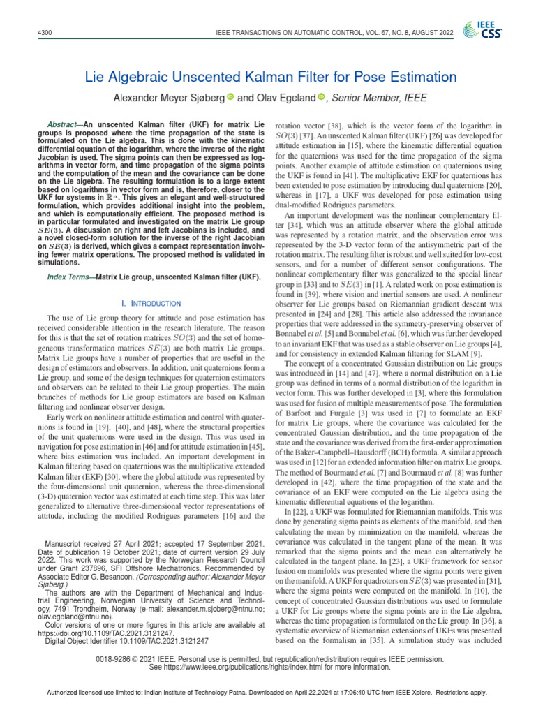 Lie Algebraic Unscented Kalman Filter For Pose Estimation | Download Free PDF | Kalman Filter ...