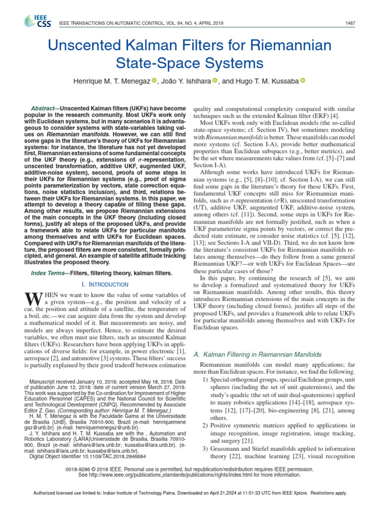 Unscented Kalman Filters For Riemannian State-Space Systems | PDF ...