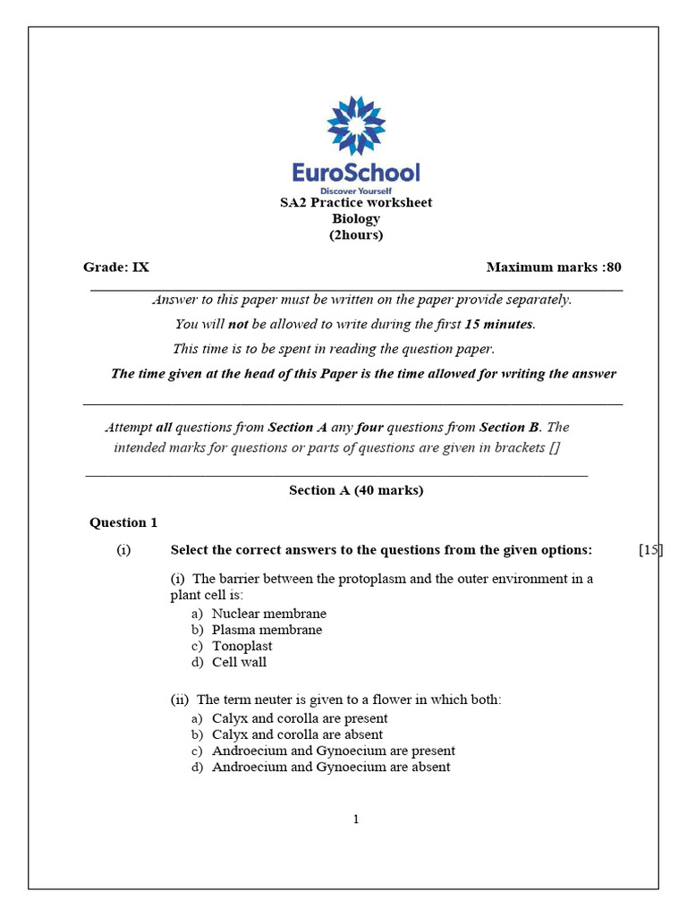 Grade 9 Bio Practice Worksheet SA2 2022 (1) | PDF | Epithelium | Flowers