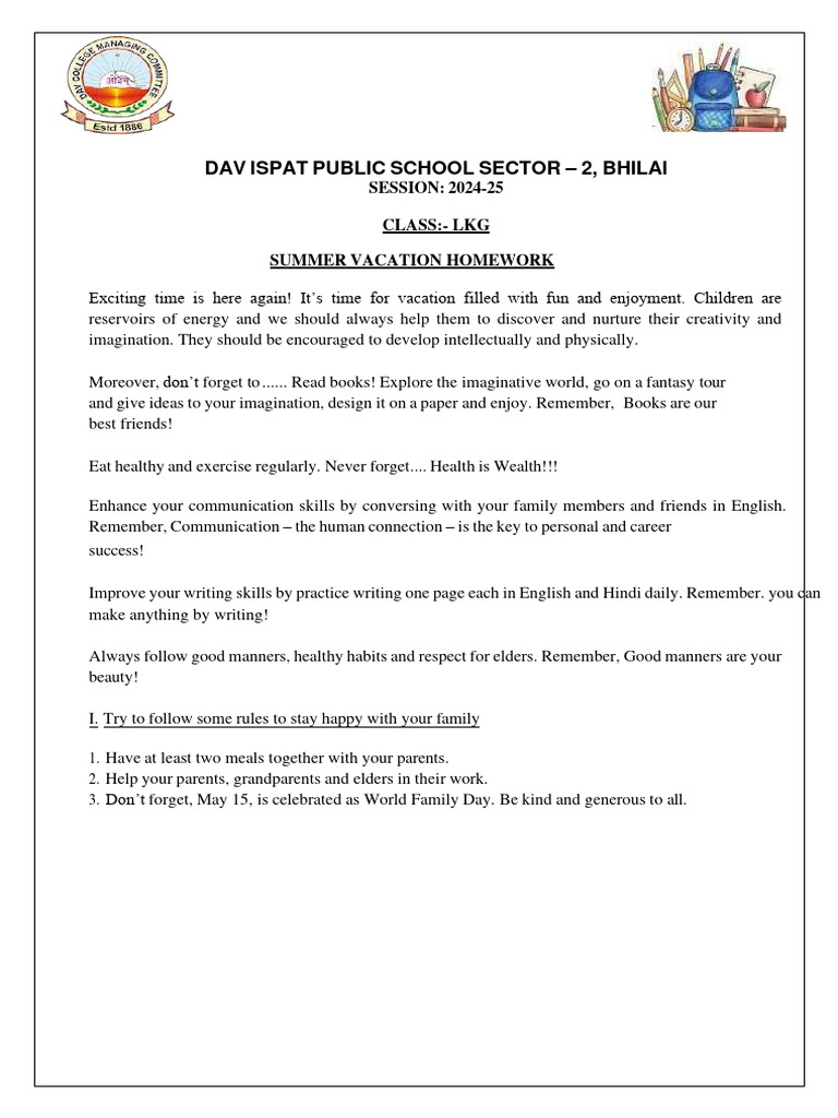 LKG Summer Vacation Homework Guide | PDF