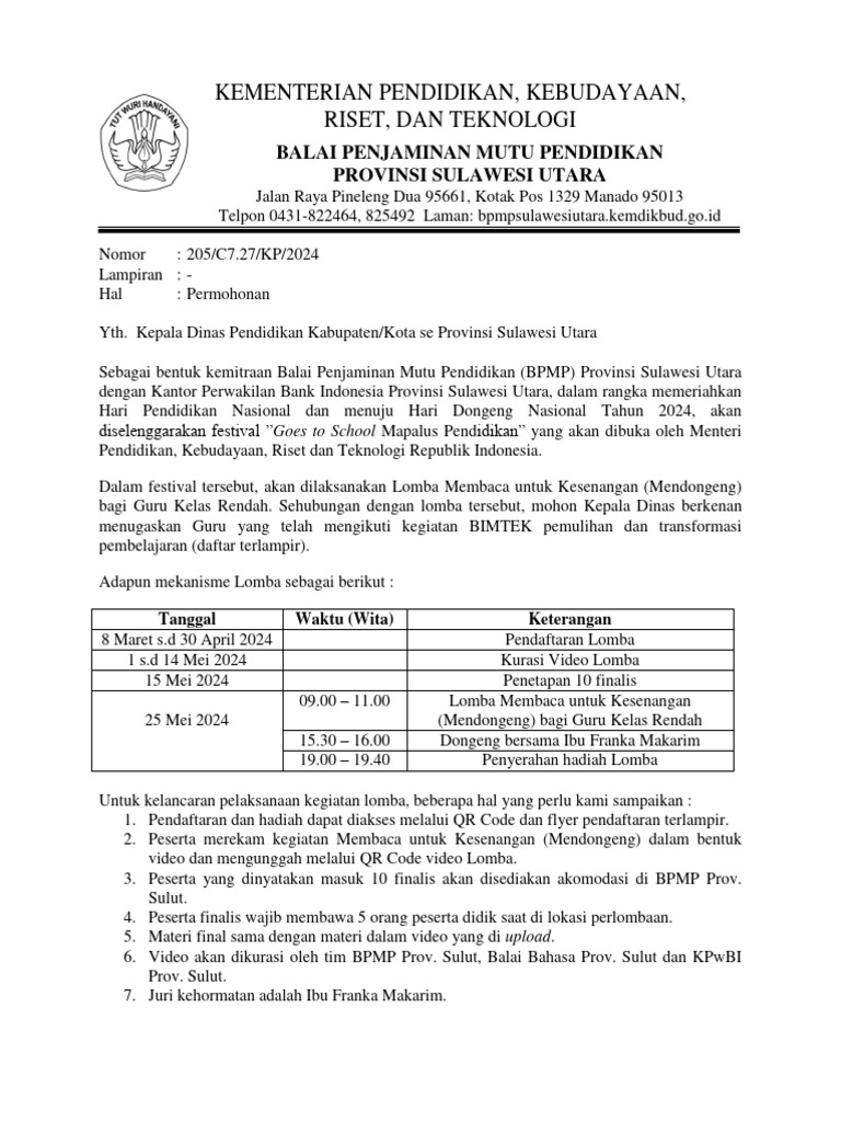 Surat BPMP (Lomba Dongeng) | PDF