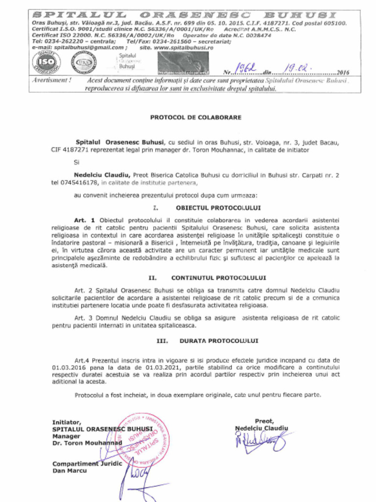 Protocol de Colaborare Intre Spitalul Orasenesc Buhusi Si Biserica ...