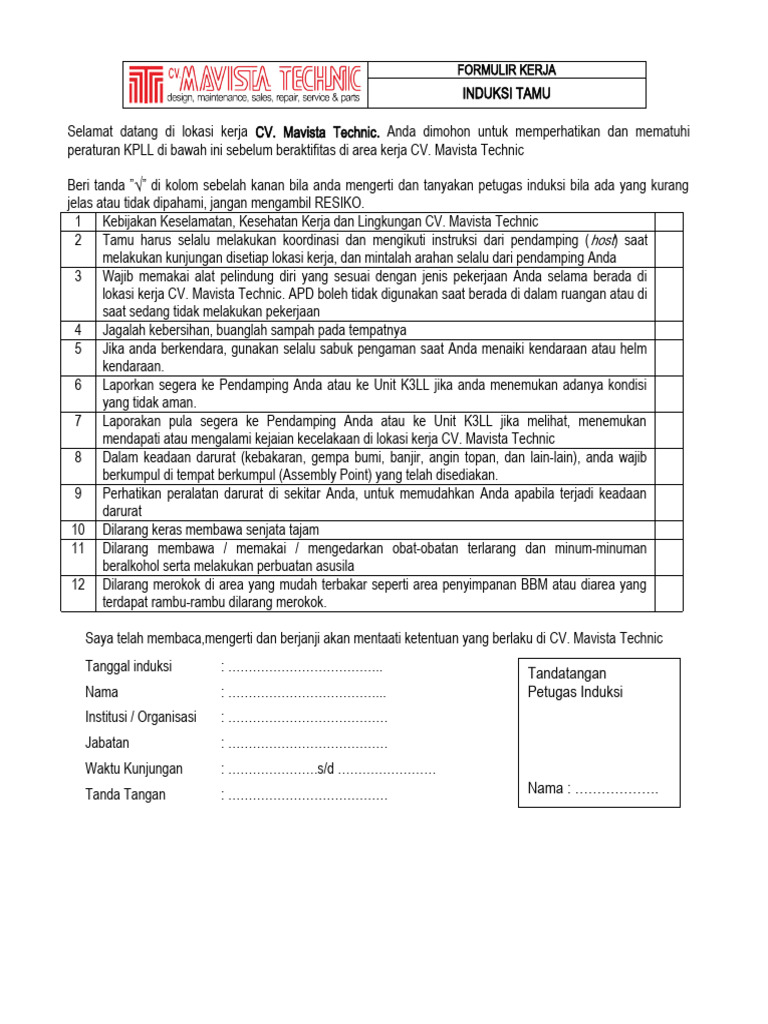 Formulir Induksi Tamu | PDF
