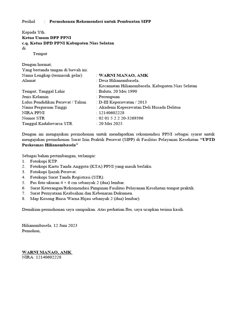 Format Permohonan Rekomendasi Pembuatan SIPP Serta Lampirannya | PDF