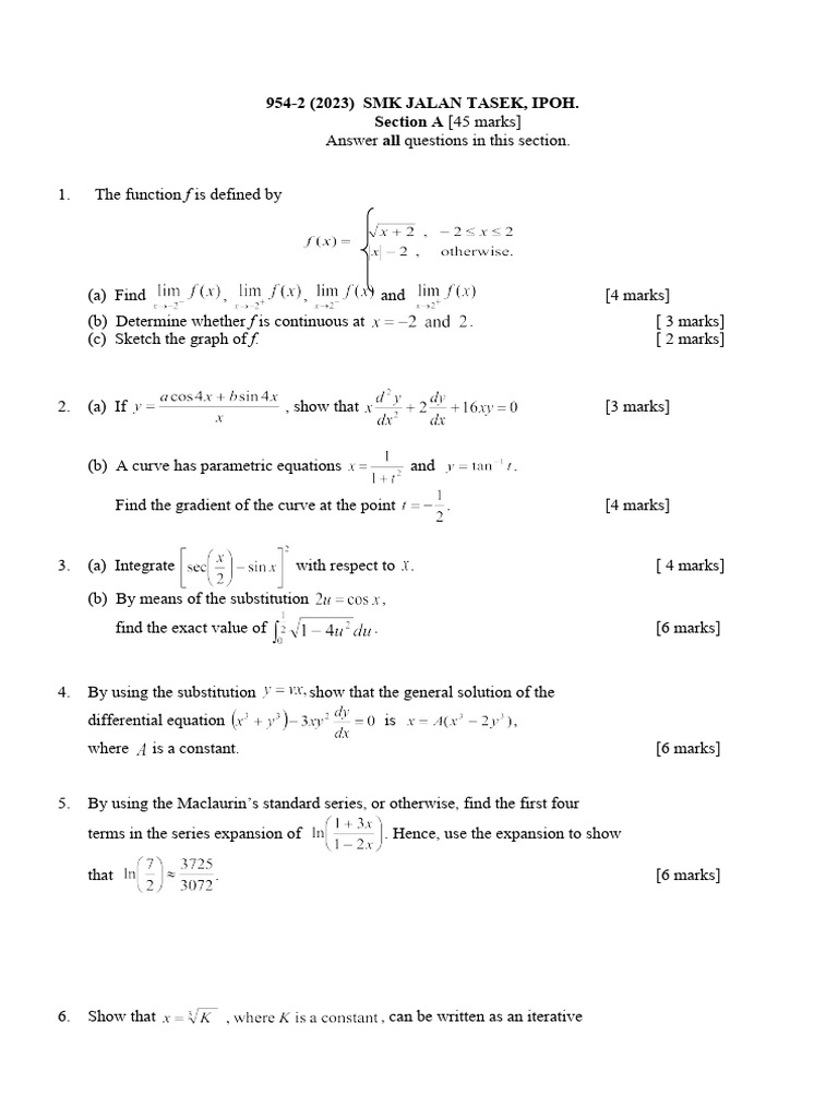2023 TRIAL SMKJT Math (T) P2 QA | PDF | Equations | Sphere