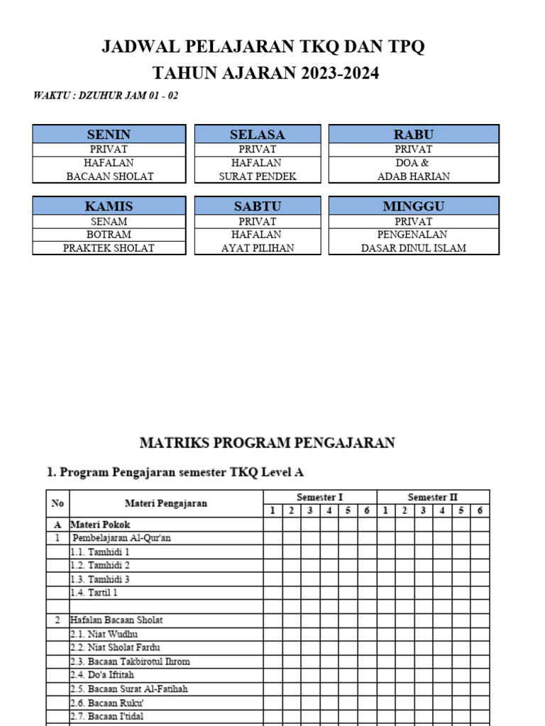 Jadwal Pelajaran TKQ TPQ | PDF