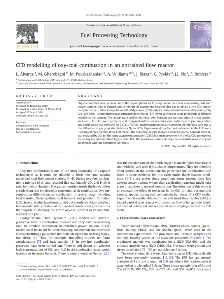 Cfd Modelling Of Oxy Coal Combustion In An Entrained Flow Reactor Pdf Combustion Carbon