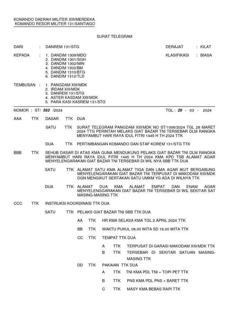 St-Giat Bazar 2024 DLM RGK Idul Fitri 1445 H THN 2024 Korem 131 STG Ok | PDF
