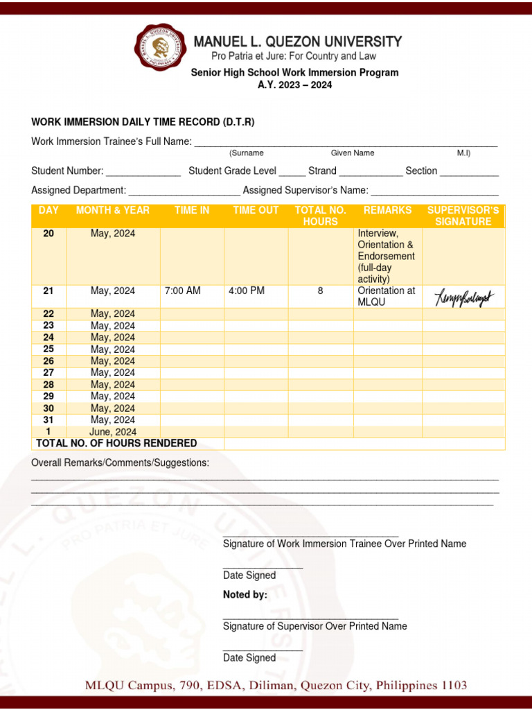 MLQU Work Immersion DTR Updated27May2024 | PDF