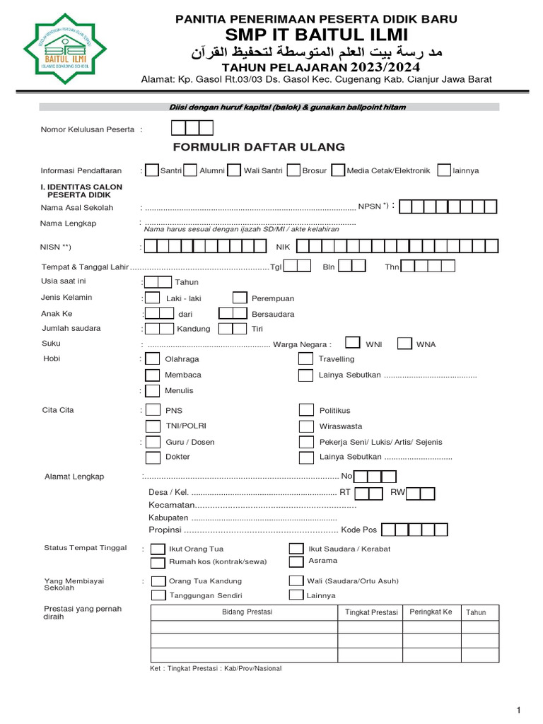 Formulir Daftar Ulang Santri Baru 2023-2024 | PDF
