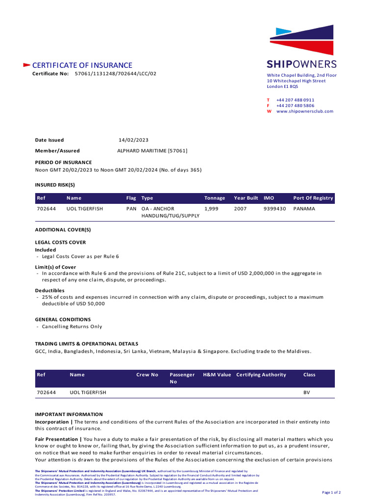 LF Certificate - 57061 - 1131248 - UOL TIGERFISH - LCC - 25 - 02 | PDF | Insurance | Indemnity