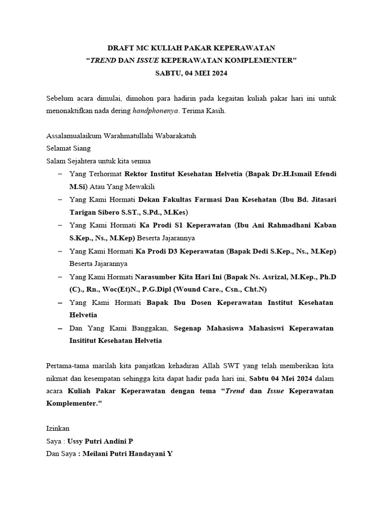 Draft MC Acara Kuliah Pakar Keperawatan | PDF | Sains & Matematika
