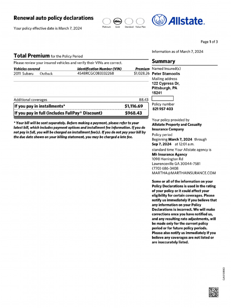 Allstate Policy (Peter Stamoolis) | PDF