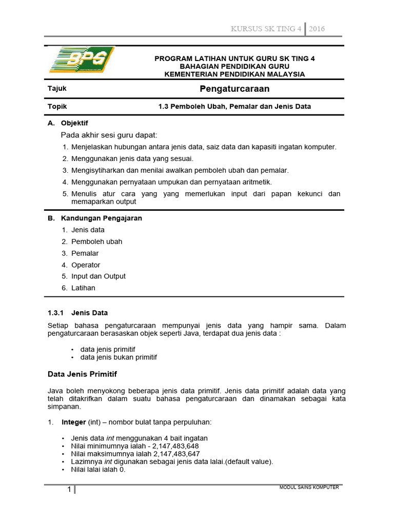 1.3 Pemboleh Ubah - Pemalar Dan Jenis Data 24 MEI 2016 | PDF