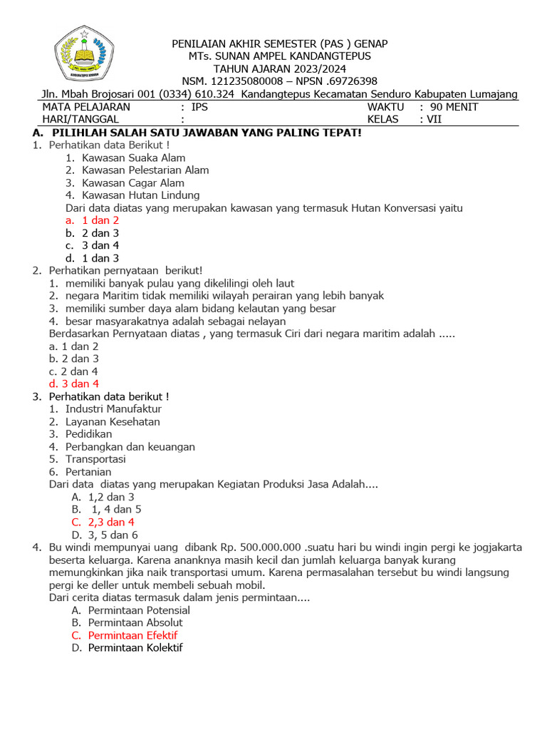 Latihan Soal Ips Kelas 7 SMTR Genap 2024 | PDF | Politik | Perjalanan