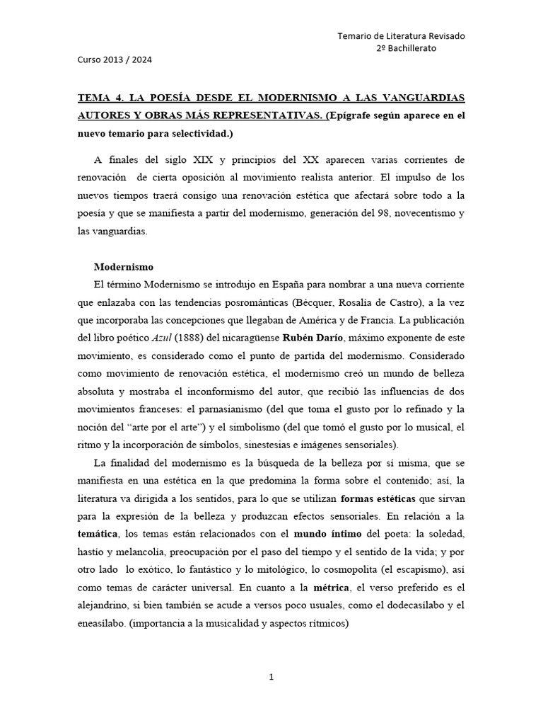 Tema 4 La Poesía Desde El Modernismo a Las Vanguardias, Autores y Obras ...