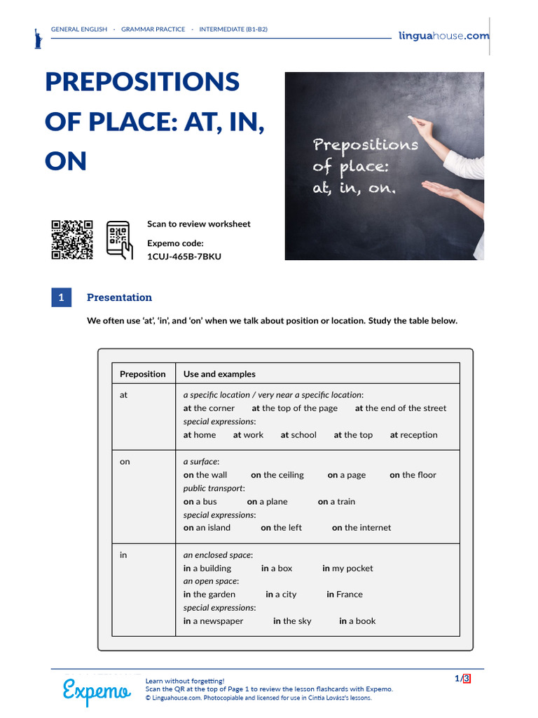 Prepositions of Place: At, In, On | PDF | Linguistics