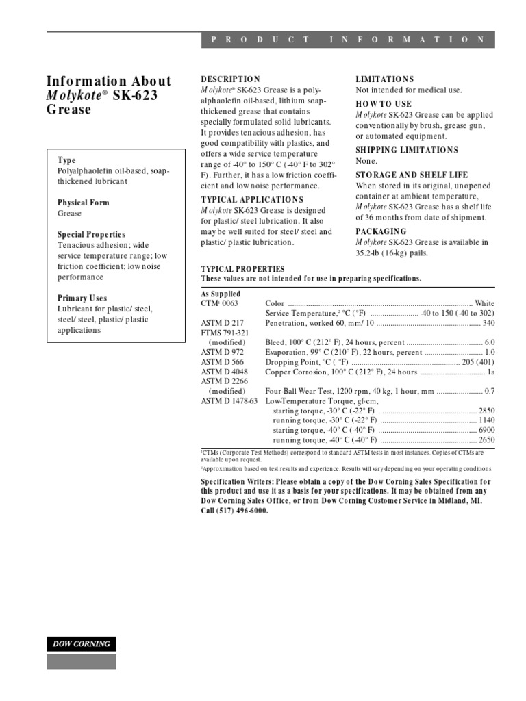 Molykote SK-623 Grease - PDS | PDF | Lubricant | Materials Molykote SK-623 Grease - PDS | PDF | Lubricant | Materials