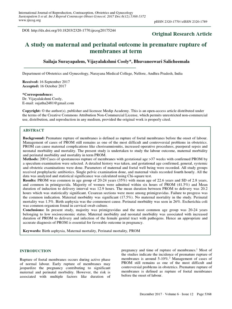 Study On Outcomes of PROM | PDF | Childbirth | Preterm Birth
