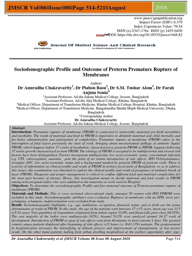Sociodemographic Profile and Outcome of Preterm Premature Rupture of ...