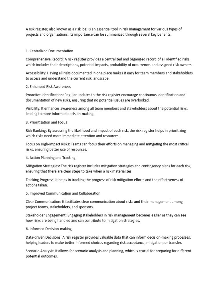 Importance Of Risk Registers Pdf Risk Risk Management