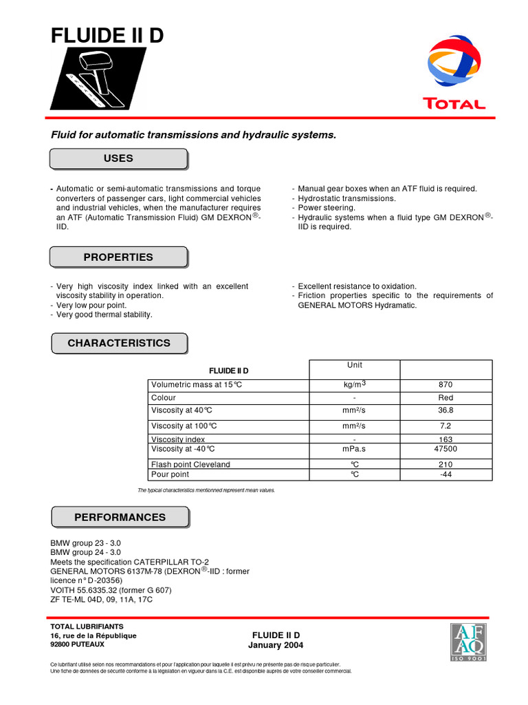 Fluide Ii D: Fluid For Automatic Transmissions and Hydraulic Systems | PDF | Automatic ...