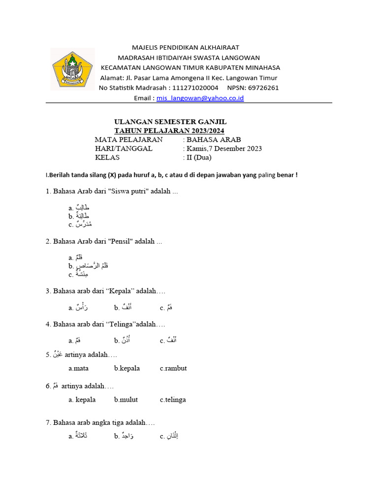 Soal Bahasa Arab Kelas 2 Semester Ganjil | PDF