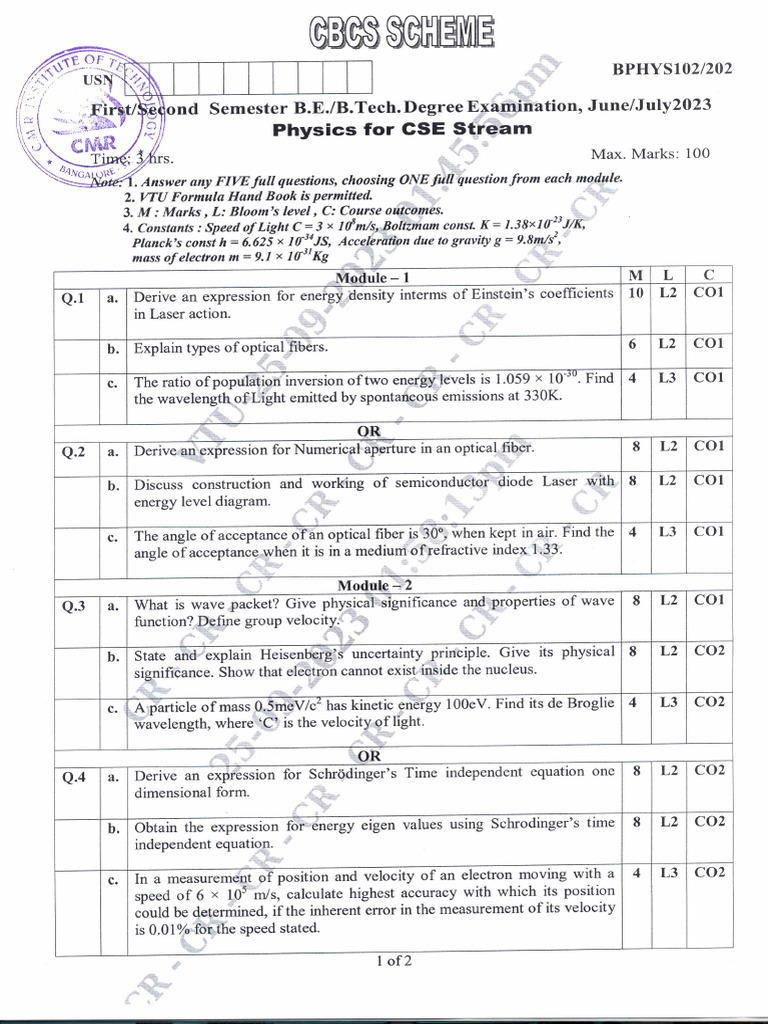 VTU Question Paper of BPHYS102 - BPHYS202 Applied Physics For CSE Stream June-July-2023 | PDF