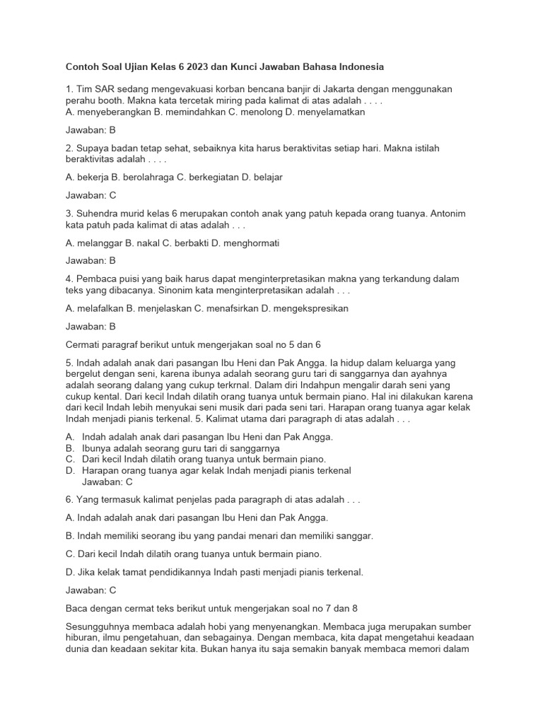 Contoh Soal Ujian Kelas 6 2023 Dan Kunci Jawaban Bahasa Indonesia | PDF