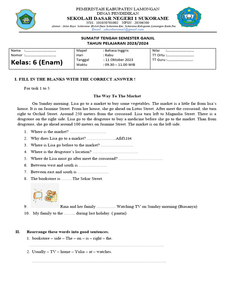 Soal PTS Bahasa Inggris Kelas 6 Ganjil | PDF