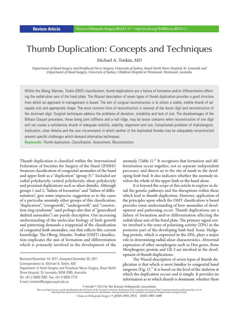 Thumb Duplication - Tonkin | PDF | Thumb | Musculoskeletal System