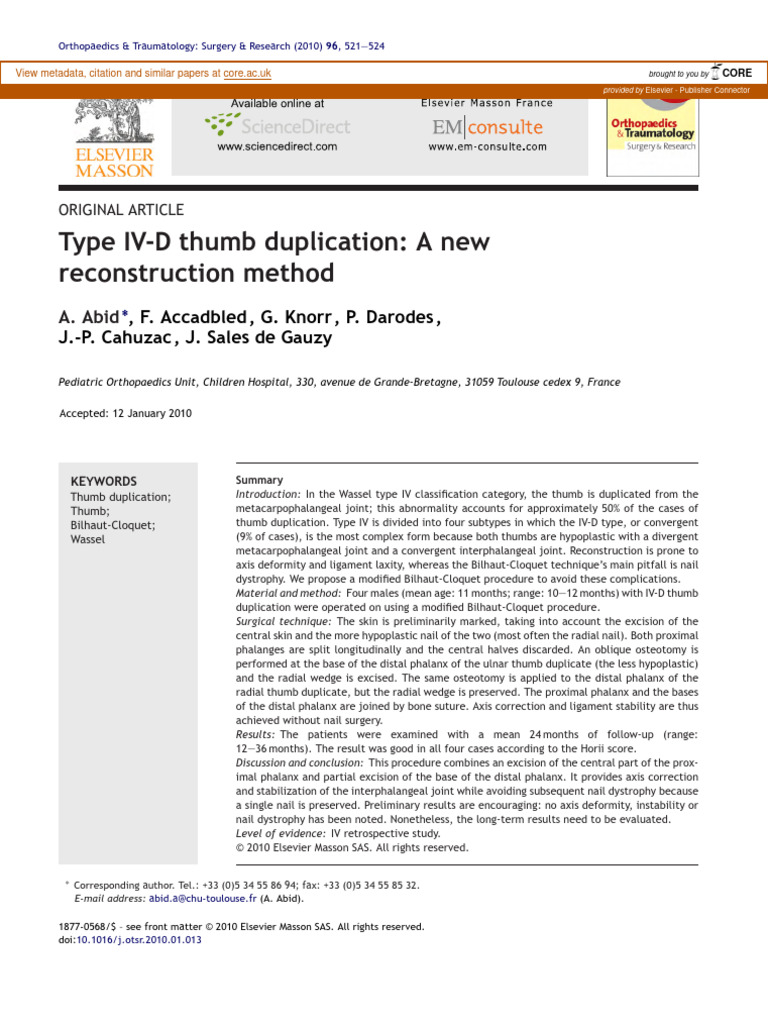 Type IV-D Thumb Duplication: A New Reconstruction Method | PDF | Thumb ...