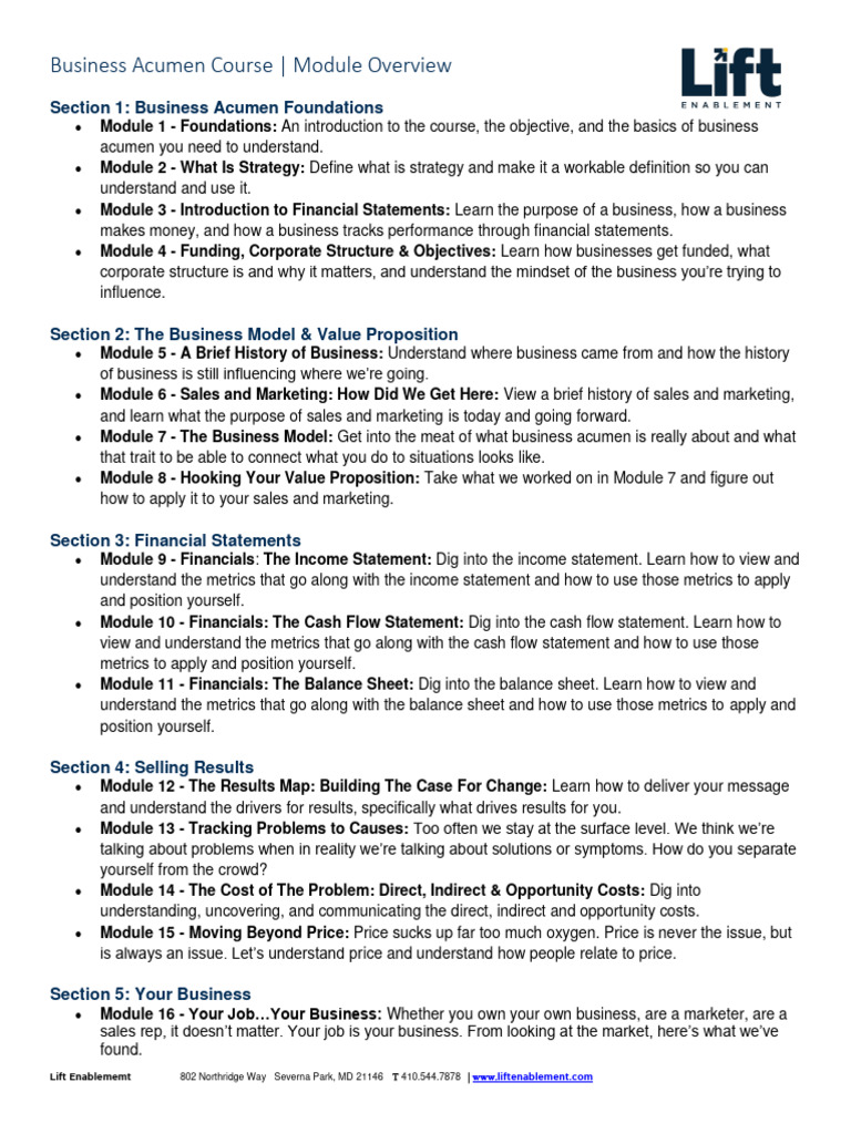 Business Acumen Course Module Overview | PDF | Marketing | Business Model